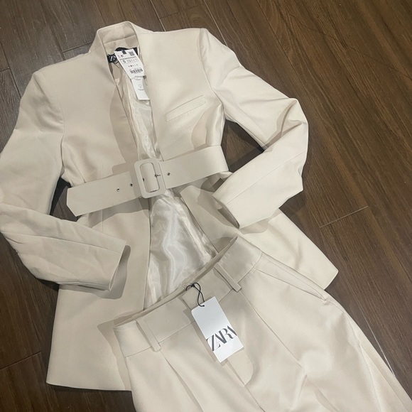 Zara | Pants & Jumpsuits | Zara Cream Belted Pants Suit | Poshmark